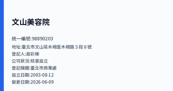 文山美容院的照片-統編 98890203(臺北市) 公司登記資料與營業項目詳細圖表