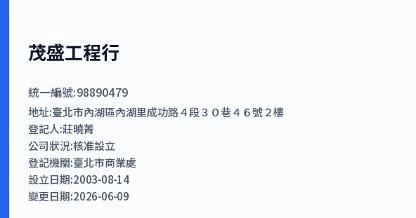 茂盛工程行的照片-統編 98890479(臺北市) 公司登記資料與營業項目詳細圖表