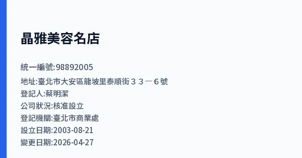 晶雅美容名店的照片-統編 98892005(臺北市) 公司登記資料與營業項目詳細圖表