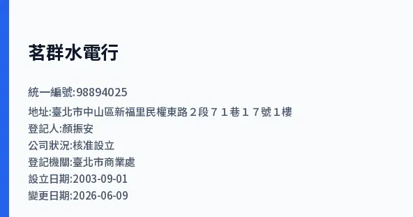 茗群水電行的照片-統編 98894025(臺北市) 公司登記資料與營業項目詳細圖表