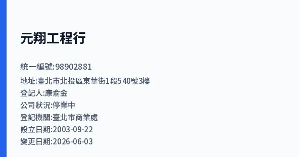 元翔工程行的照片-統編 98902881(臺北市) 公司登記資料與營業項目詳細圖表