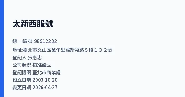 太新西服號的照片-統編 98912282(臺北市) 公司登記資料與營業項目詳細圖表