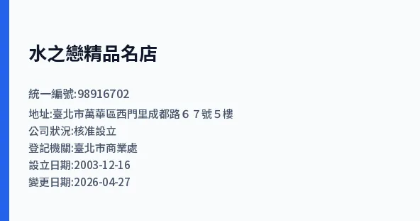 水之戀精品名店的照片-統編 98916702(臺北市) 公司登記資料與營業項目詳細圖表