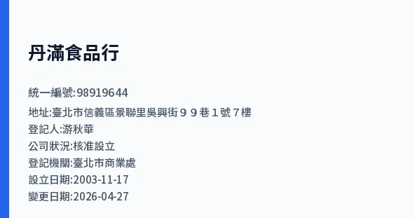 丹滿食品行的照片-統編 98919644(臺北市) 公司登記資料與營業項目詳細圖表