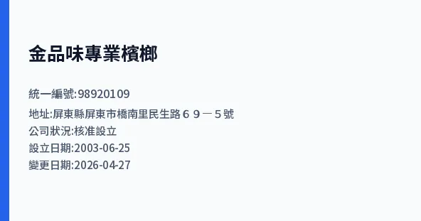 金品味專業檳榔的照片-統編 98920109(屏東縣) 公司登記資料與營業項目詳細圖表