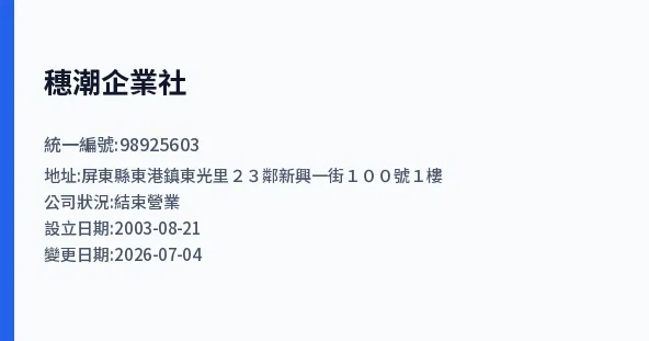 穗潮企業社的照片-統編 98925603(屏東縣) 公司登記資料與營業項目詳細圖表