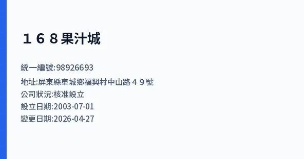 168果汁城的照片-統編 98926693(屏東縣) 公司登記資料與營業項目詳細圖表