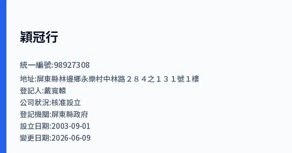 穎冠行的照片-統編 98927308(屏東縣) 公司登記資料與營業項目詳細圖表