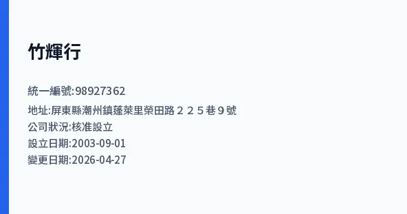 竹輝行的照片-統編 98927362(屏東縣) 公司登記資料與營業項目詳細圖表