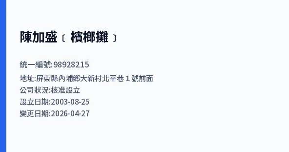 陳加盛﹝檳榔攤﹞的照片-統編 98928215(屏東縣) 公司登記資料與營業項目詳細圖表