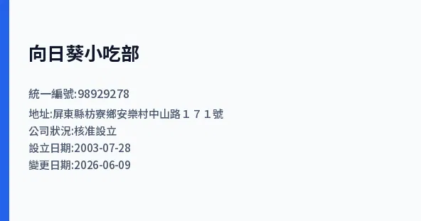 向日葵小吃部的照片-統編 98929278(屏東縣) 公司登記資料與營業項目詳細圖表