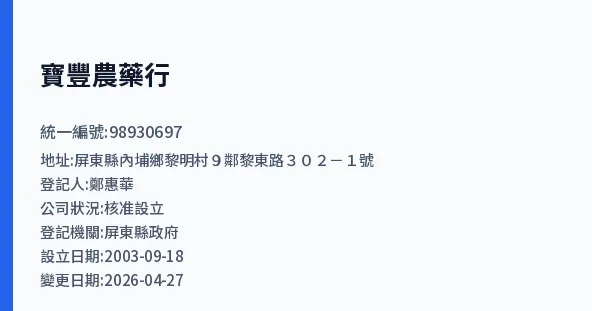 寶豐農藥行的照片-統編 98930697(屏東縣) 公司登記資料與營業項目詳細圖表