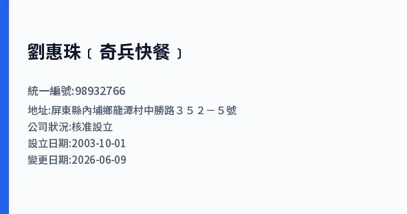 劉惠珠﹝奇兵快餐﹞的照片-統編 98932766(屏東縣) 公司登記資料與營業項目詳細圖表