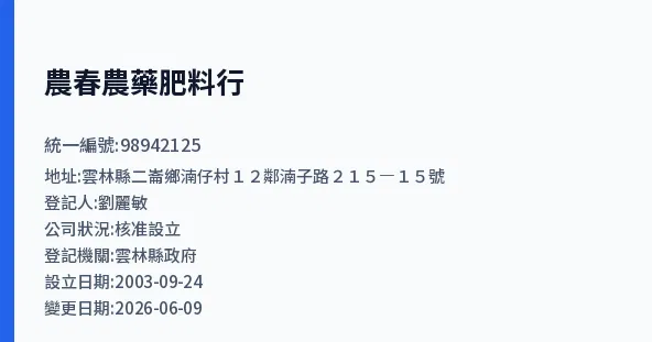 農春農藥肥料行的照片-統編 98942125(雲林縣) 公司登記資料與營業項目詳細圖表