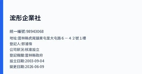 浤彤企業社的照片-統編 98943068(雲林縣) 公司登記資料與營業項目詳細圖表