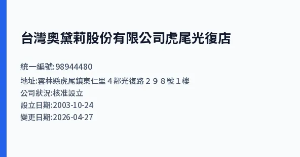 台灣奧黛莉股份有限公司虎尾光復店的照片-統編 98944480(雲林縣) 公司登記資料與營業項目詳細圖表