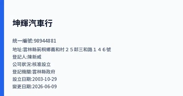 坤輝汽車行的照片-統編 98944881(雲林縣) 公司登記資料與營業項目詳細圖表