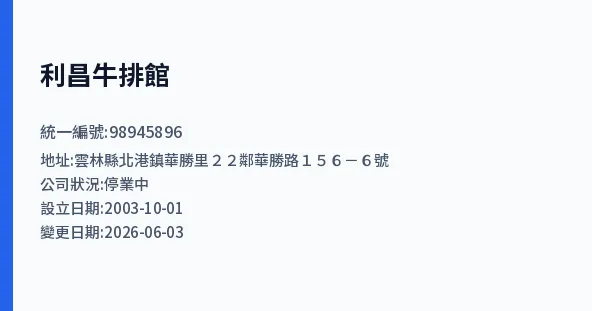 利昌牛排館的照片-統編 98945896(雲林縣) 公司登記資料與營業項目詳細圖表
