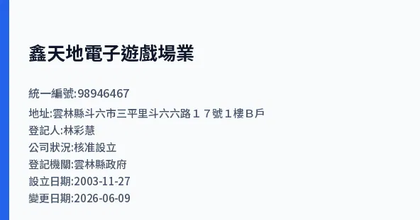 鑫天地電子遊戲場業的照片-統編 98946467(雲林縣) 公司登記資料與營業項目詳細圖表