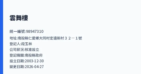 雲舞樓的照片-統編 98947310(南投縣) 公司登記資料與營業項目詳細圖表