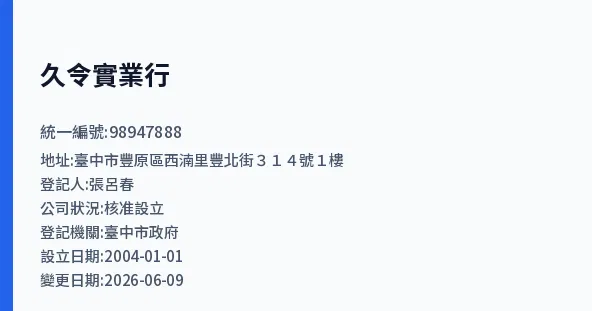 久令實業行的照片-統編 98947888(臺中市) 公司登記資料與營業項目詳細圖表