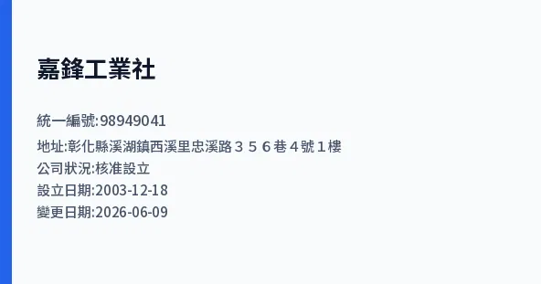 嘉鋒工業社的照片-統編 98949041(彰化縣) 公司登記資料與營業項目詳細圖表