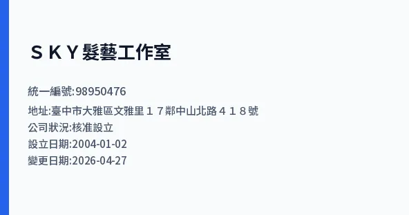 SKY髮藝工作室的照片-統編 98950476(臺中市) 公司登記資料與營業項目詳細圖表