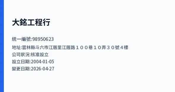 大銘工程行的照片-統編 98950623(雲林縣) 公司登記資料與營業項目詳細圖表