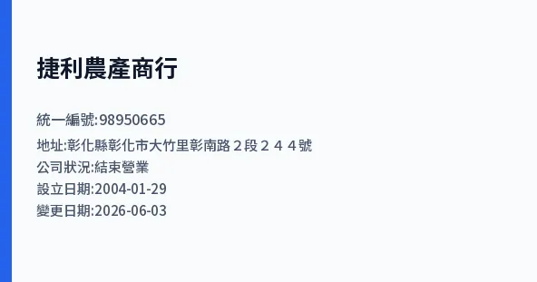 捷利農產商行的照片-統編 98950665(彰化縣) 公司登記資料與營業項目詳細圖表
