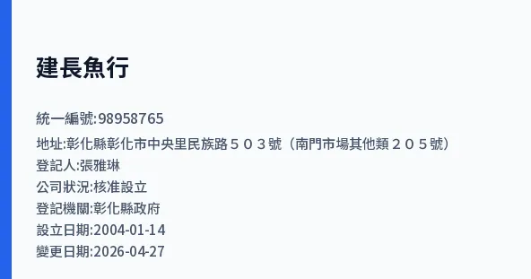 建長魚行的照片-統編 98958765(彰化縣) 公司登記資料與營業項目詳細圖表