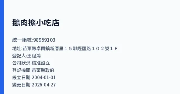 鵝肉擔小吃店的照片-統編 98959103(苗栗縣) 公司登記資料與營業項目詳細圖表