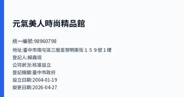 元氣美人時尚精品館的照片-統編 98960798(臺中市) 公司登記資料與營業項目詳細圖表