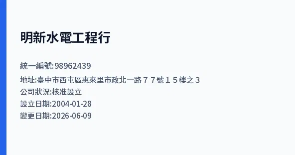 明新水電工程行的照片-統編 98962439(臺中市) 公司登記資料與營業項目詳細圖表