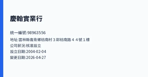 慶翰實業行的照片-統編 98963556(雲林縣) 公司登記資料與營業項目詳細圖表