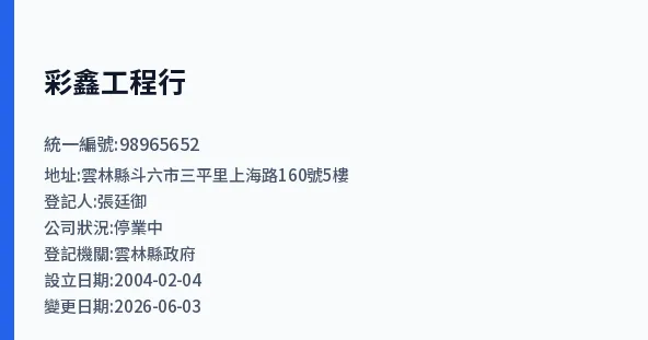 彩鑫工程行的照片-統編 98965652(雲林縣) 公司登記資料與營業項目詳細圖表