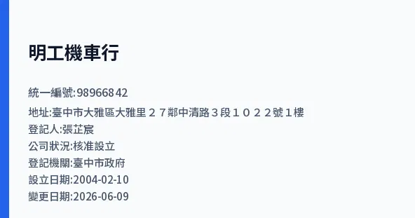 明工機車行的照片-統編 98966842(臺中市) 公司登記資料與營業項目詳細圖表