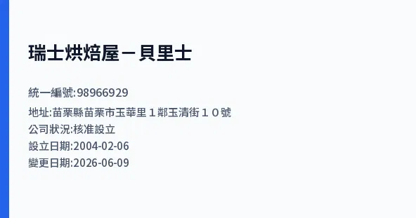 瑞士烘焙屋-貝里士的照片-統編 98966929(苗栗縣) 公司登記資料與營業項目詳細圖表