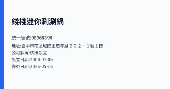 錢棧迷你涮涮鍋的照片-統編 98968898(臺中市) 公司登記資料與營業項目詳細圖表