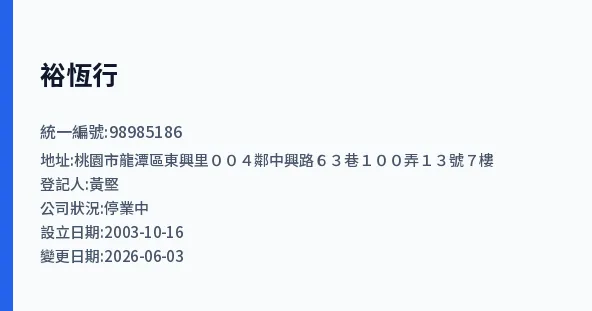 裕恆行的照片-統編 98985186(桃園市) 公司登記資料與營業項目詳細圖表