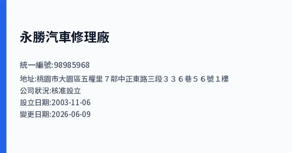 永勝汽車修理廠的照片-統編 98985968(桃園市) 公司登記資料與營業項目詳細圖表