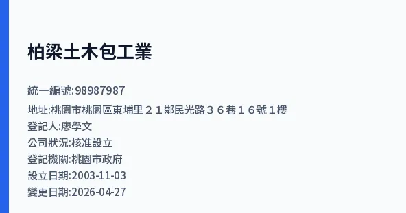 柏梁土木包工業的照片-統編 98987987(桃園市) 公司登記資料與營業項目詳細圖表
