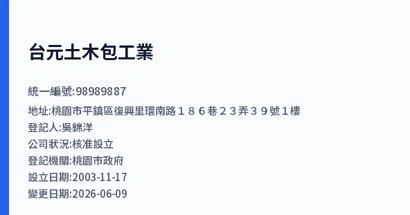 台元土木包工業的照片-統編 98989887(桃園市) 公司登記資料與營業項目詳細圖表
