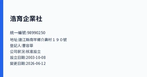 浩育企業社的照片-統編 98990250(連江縣) 公司登記資料與營業項目詳細圖表