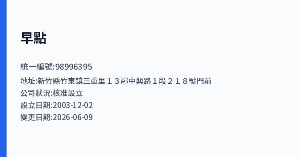 早點的照片-統編 98996395(新竹縣) 公司登記資料與營業項目詳細圖表