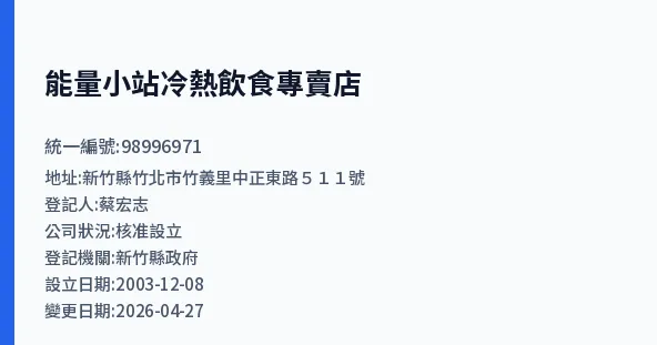能量小站冷熱飲食專賣店的照片-統編 98996971(新竹縣) 公司登記資料與營業項目詳細圖表