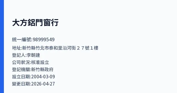 大方鋁門窗行的照片-統編 98999549(新竹縣) 公司登記資料與營業項目詳細圖表