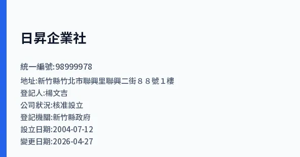 日昇企業社的照片-統編 98999978(新竹縣) 公司登記資料與營業項目詳細圖表