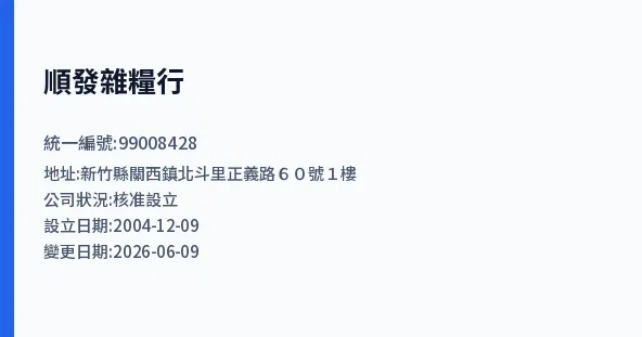 順發雜糧行的照片-統編 99008428(新竹縣) 公司登記資料與營業項目詳細圖表