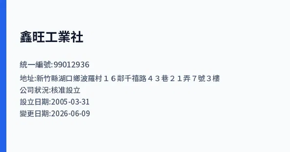 鑫旺工業社的照片-統編 99012936(新竹縣) 公司登記資料與營業項目詳細圖表