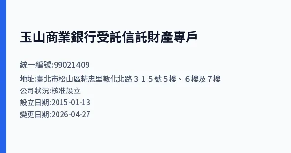 玉山商業銀行受託信託財產專戶的照片-統編 99021409(臺北市) 公司登記資料與營業項目詳細圖表